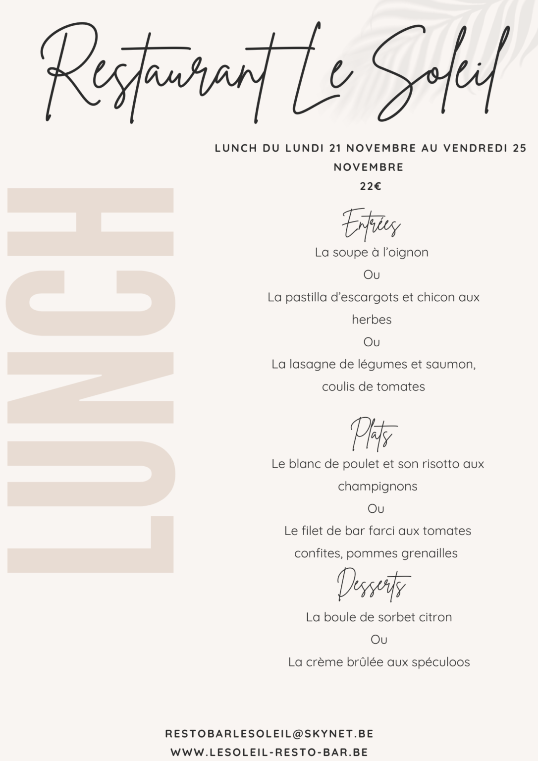 Lunch - Le Soleil - Restaurant - Bar - Walhain